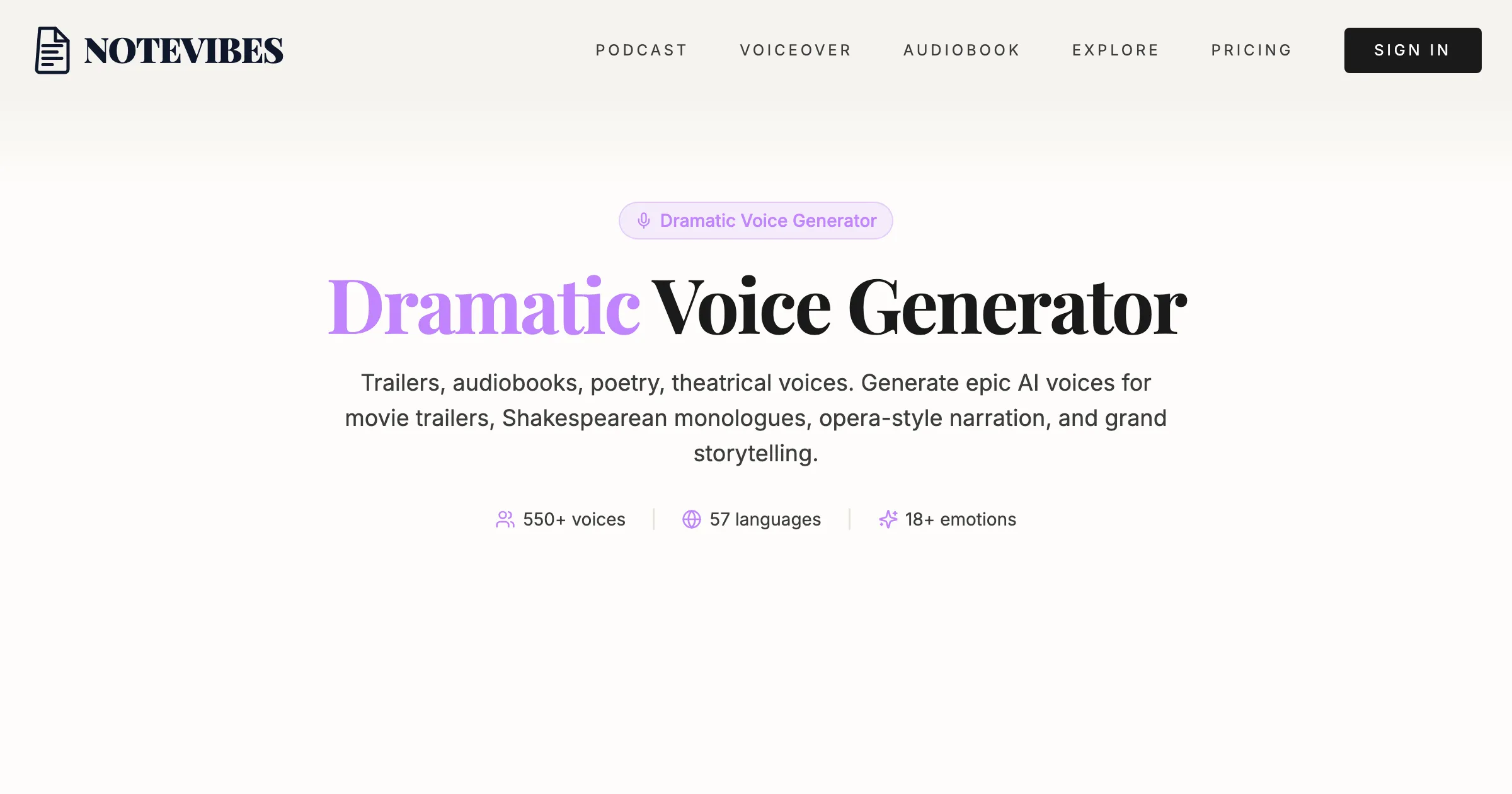 Dramatic Voice Generator — Theatrical & Epic AI Voices | Notevibes