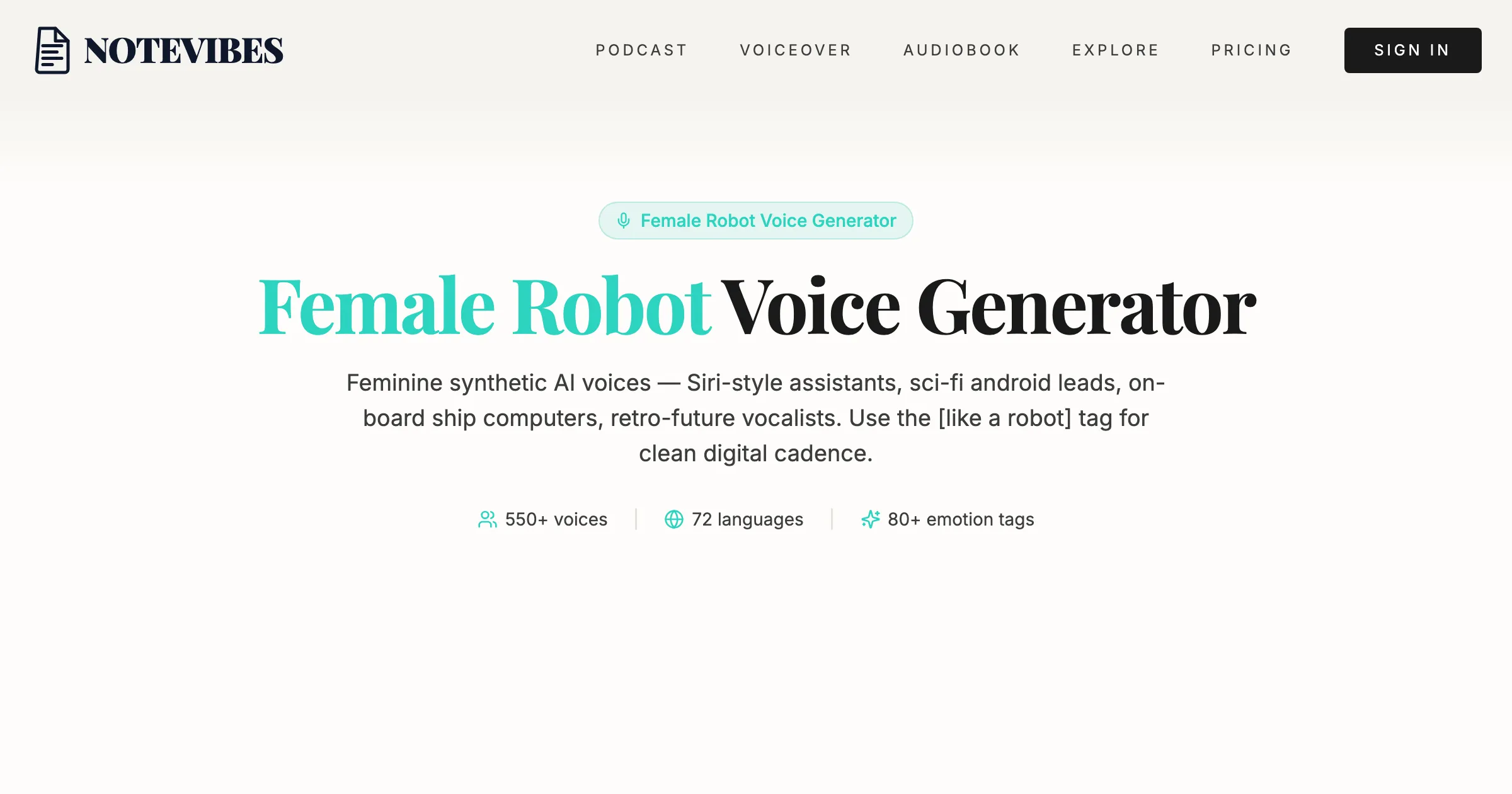 AI Female Robot Voice Generator — Synthetic Assistant TTS | Notevibes